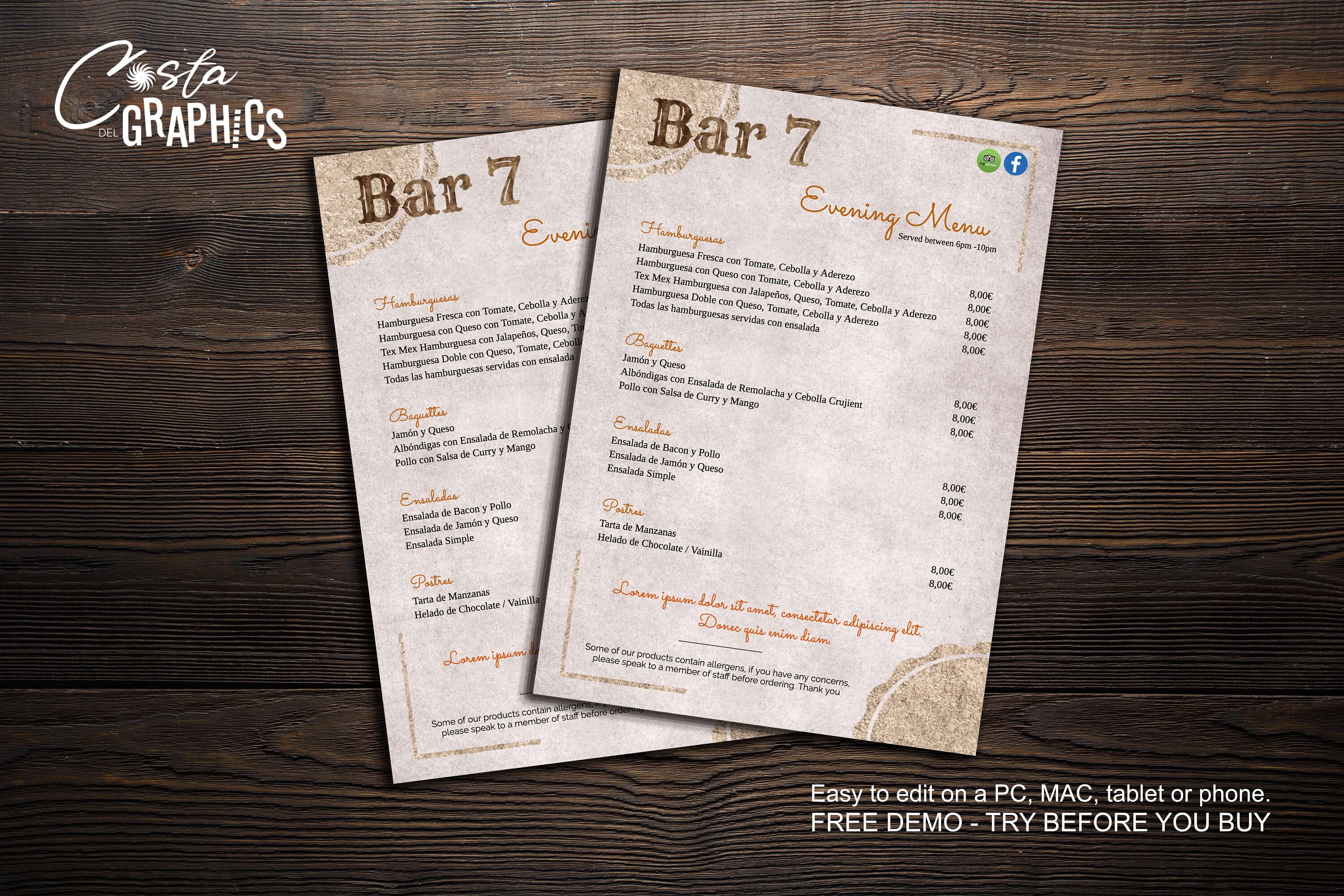 Editable Menu for Restaurant or Bar · Instant Template to Print at Home ...