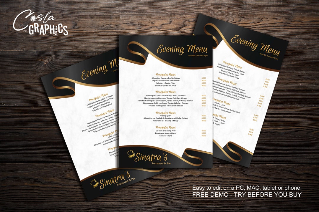 Black & Gold Editable Menu for Restaurant or Bar · Instant Template to ...