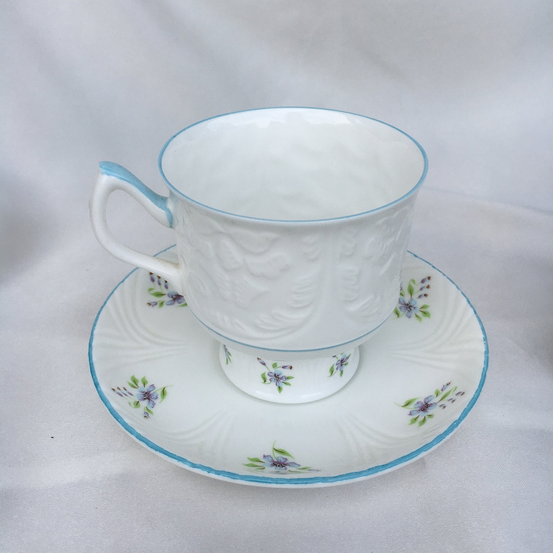 Crown Staffordshire "charmaine" Tea Cup & Saucer Fine Bone China Blue ...