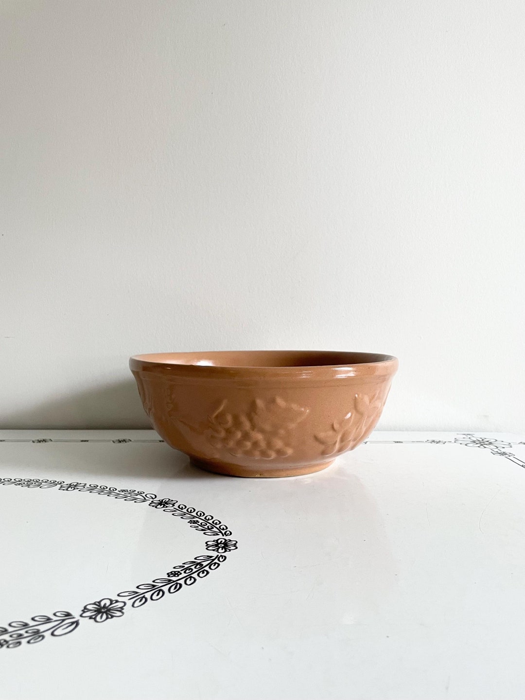 Vintage Stamped USA Stoneware Pottery Embossed Fruit Design Mixing Bowl ...