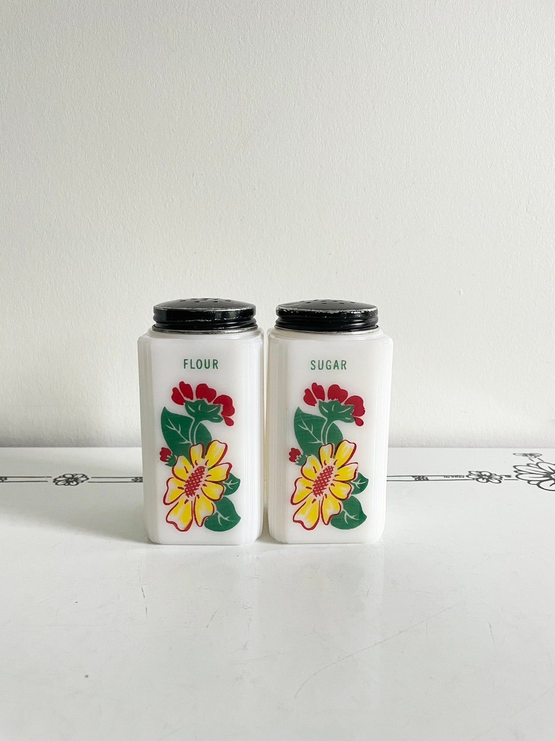 Vintage Tipp City Milk Glass Yellow and Red Flowers Pair of Sugar and ...