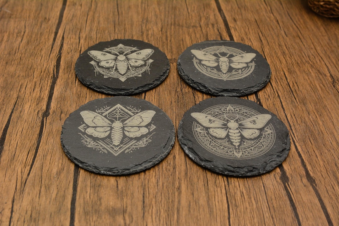 Handcrafted Slate Coaster With Intricate Moth Design, Witchy Natural ...