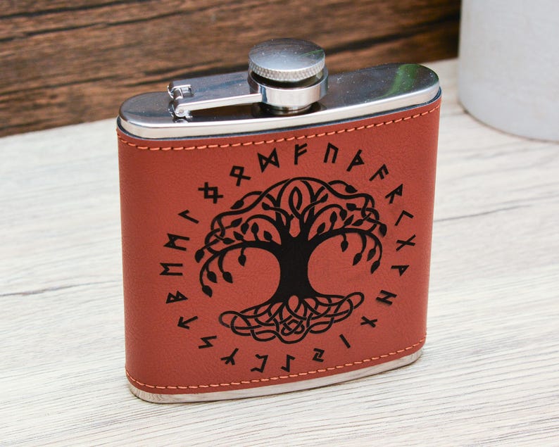 Viking Norse Symbol Hip Flask – Stainless Steel and Leather Effect ...