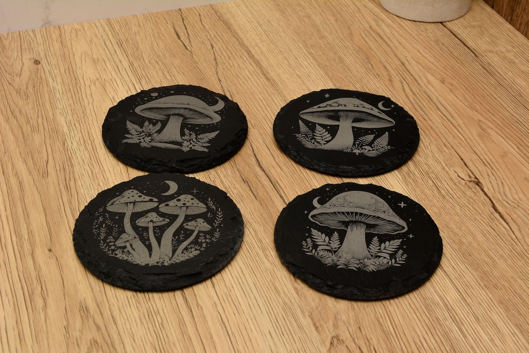 Enchanted Forest Mushrooms Slate Coasters, Rustic Natural Stone Coaster ...