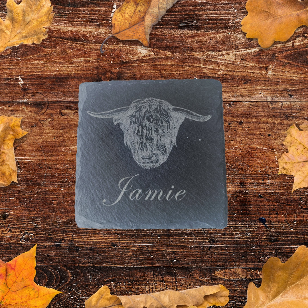 Personalised Highland Cow Slate Coaster. Scottish Slate Coaster, Farm ...