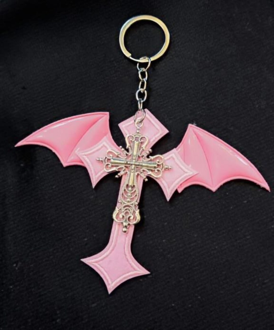 Gothic Pink Cross Keychain With Bat Wings - Unique Fantasy Accessory ...