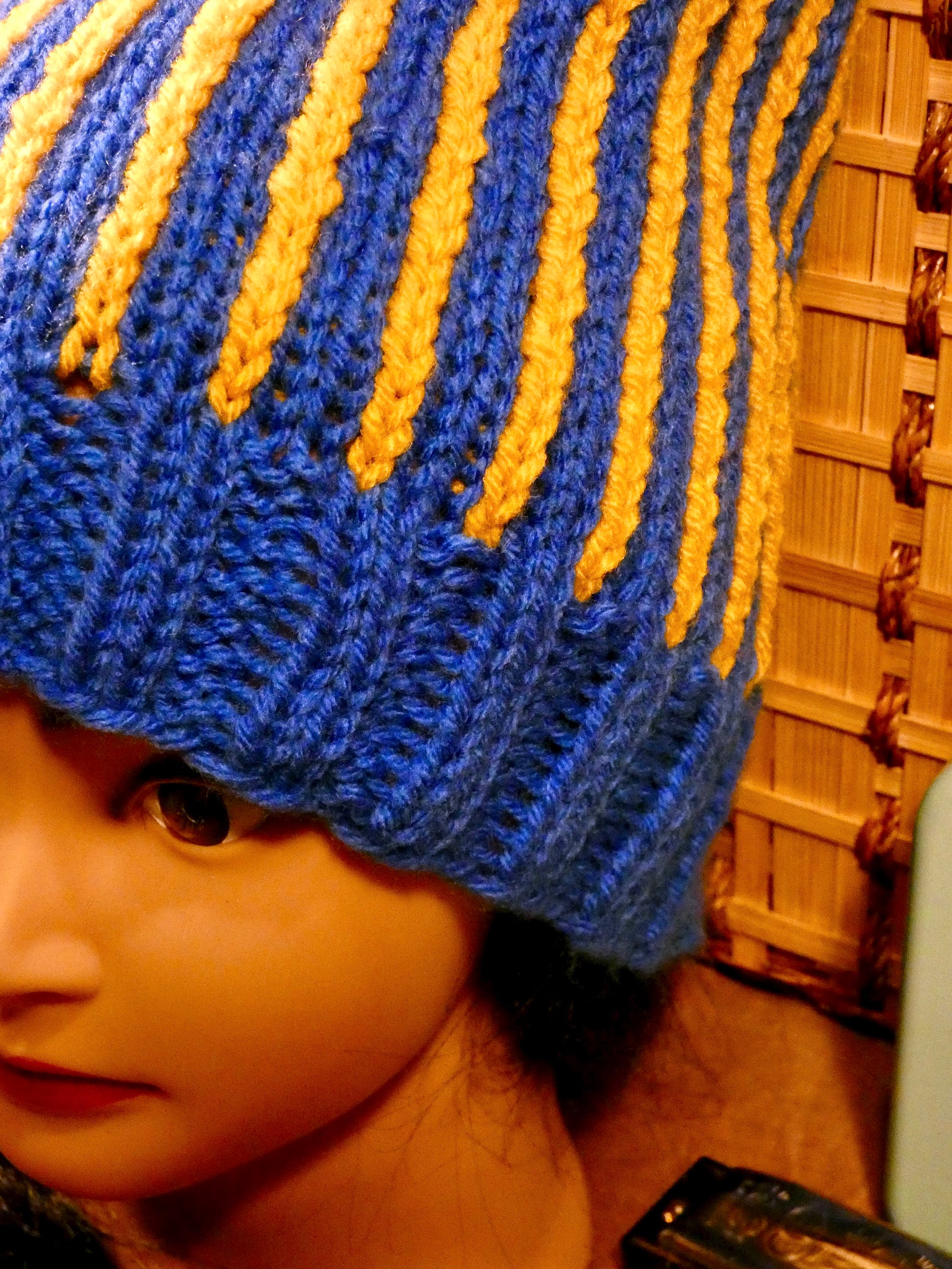 Blue and Gold Vertical Stripped Touque Beanie. Fun Warm Knitted Hat ...