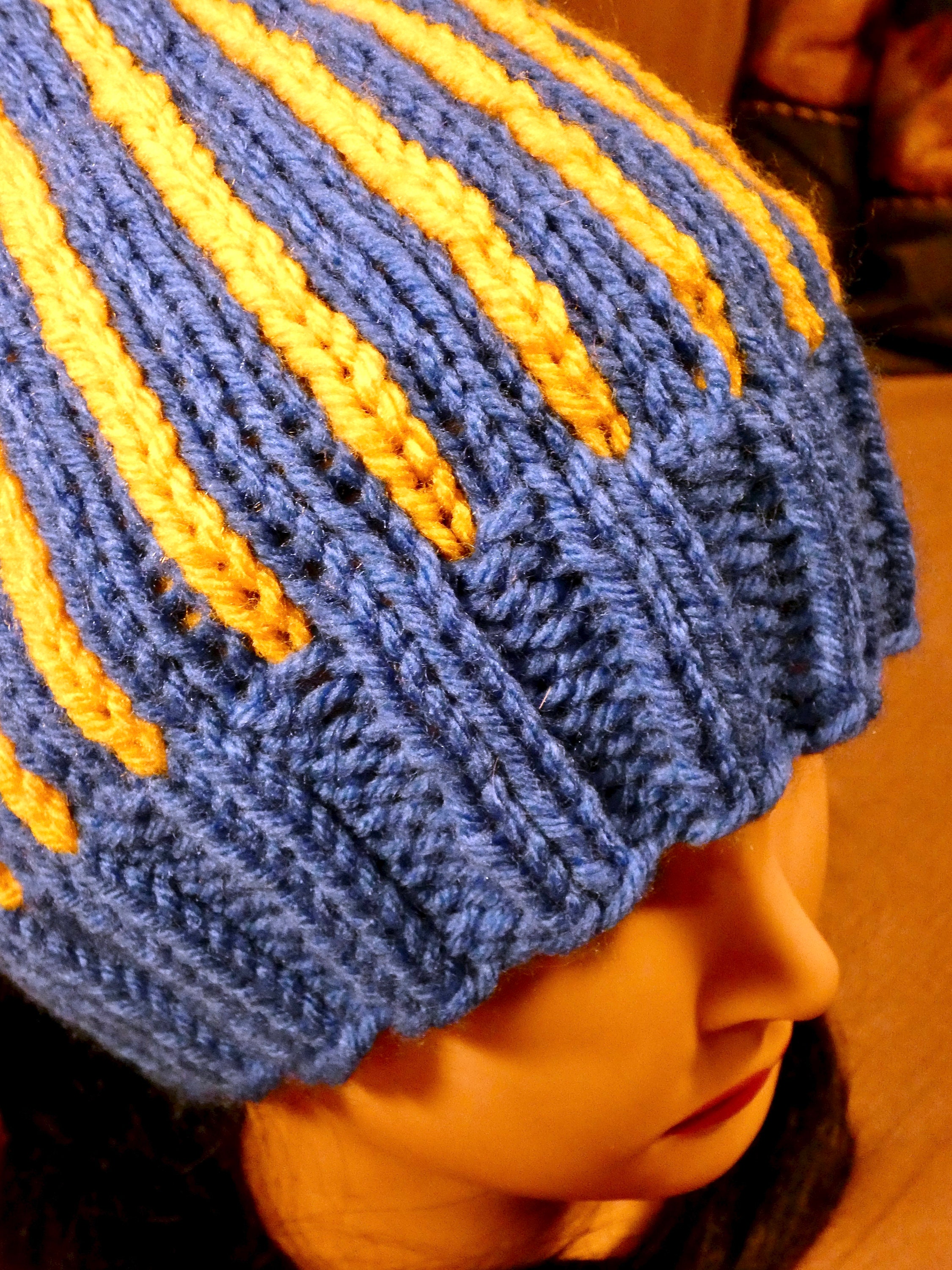 Blue and Gold Vertical Stripped Touque Beanie. Fun Warm Knitted Hat ...