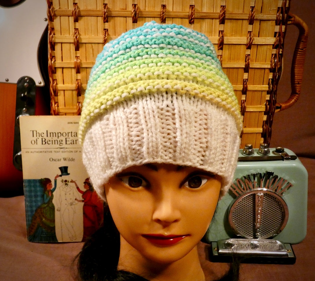 Pastel Rainbow in White Ridge Stitch Toque Beanie, Handmade Knitted ...