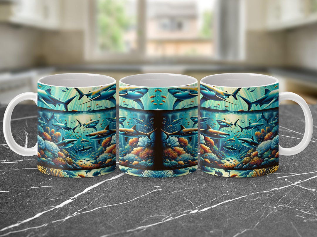 Shark Ocean Scene Mug Wrap, Underwater Aquarium Mug Design, Marine Life ...