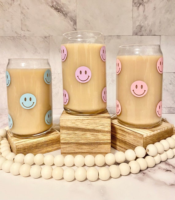 Smiley Face Glass Iced Coffee Glass Cup Aesthetic Glass - Etsy