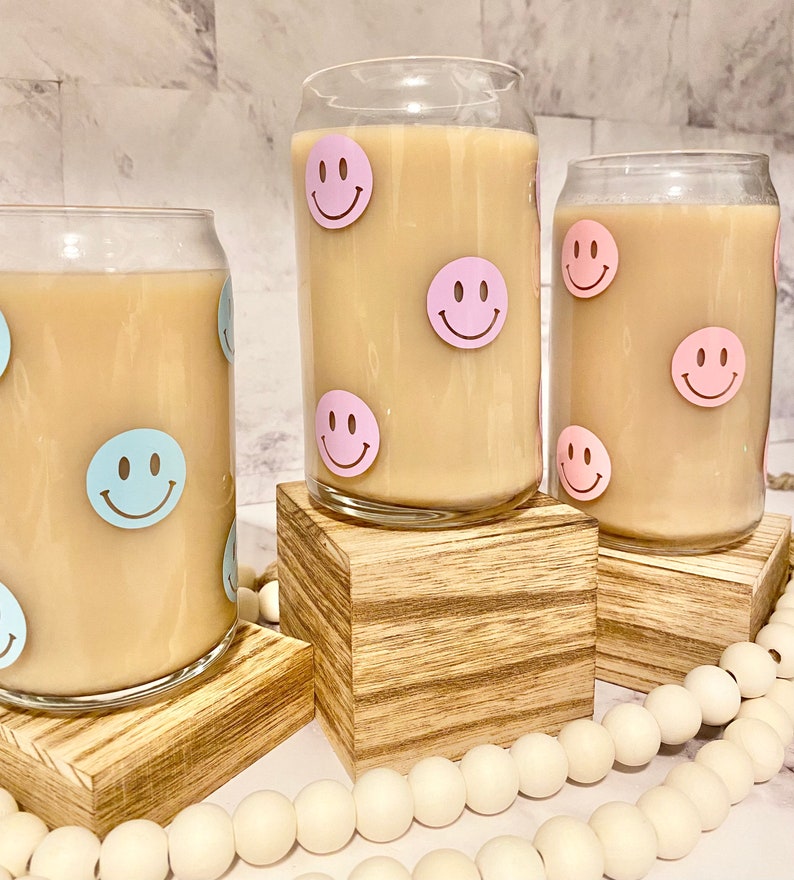 Smiley Face Glass Iced Coffee Glass Cup Aesthetic Glass - Etsy