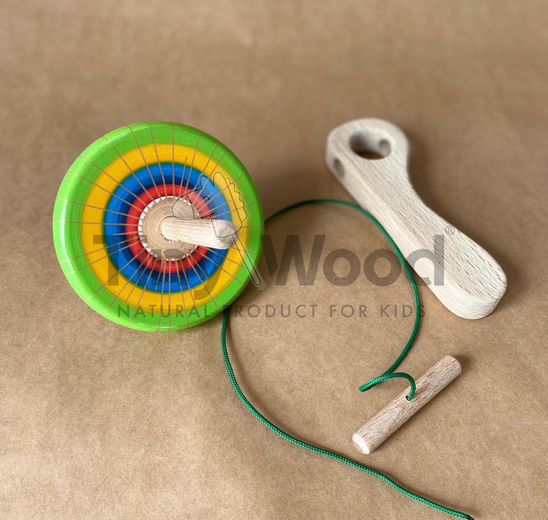Wooden Spinning Top Toy With Pull Cord & Launcher, Montessori Waldorf ...