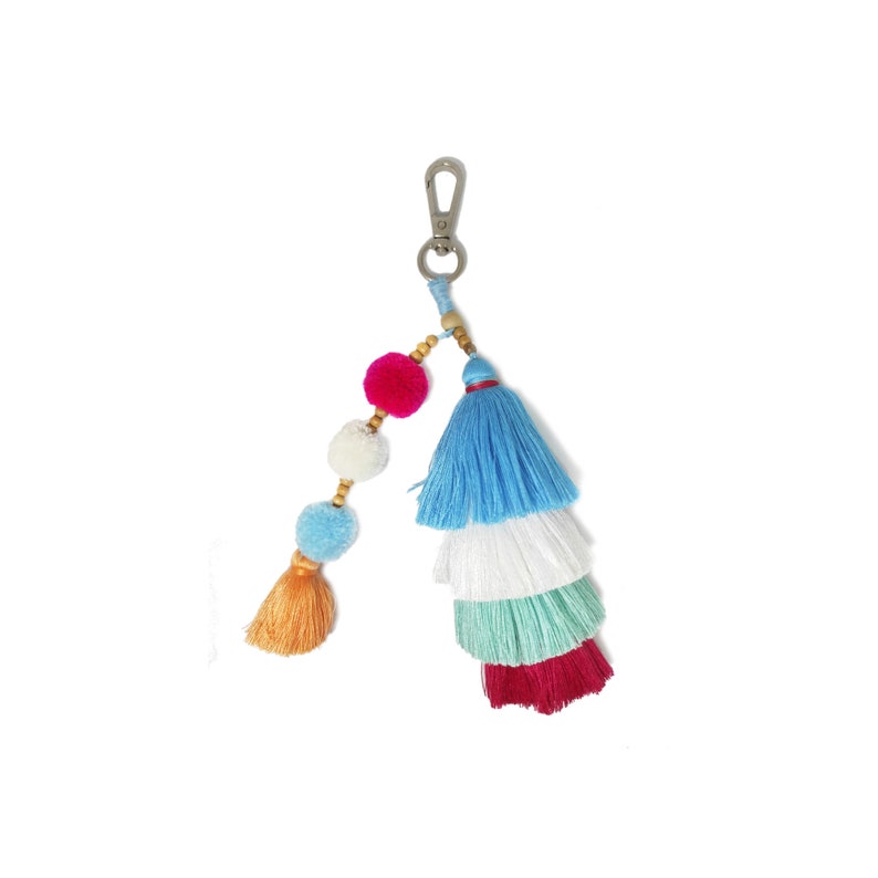 Pom Pom Tassel Boho Keychain | Tiered 4 Layer Bag Charm - Etsy