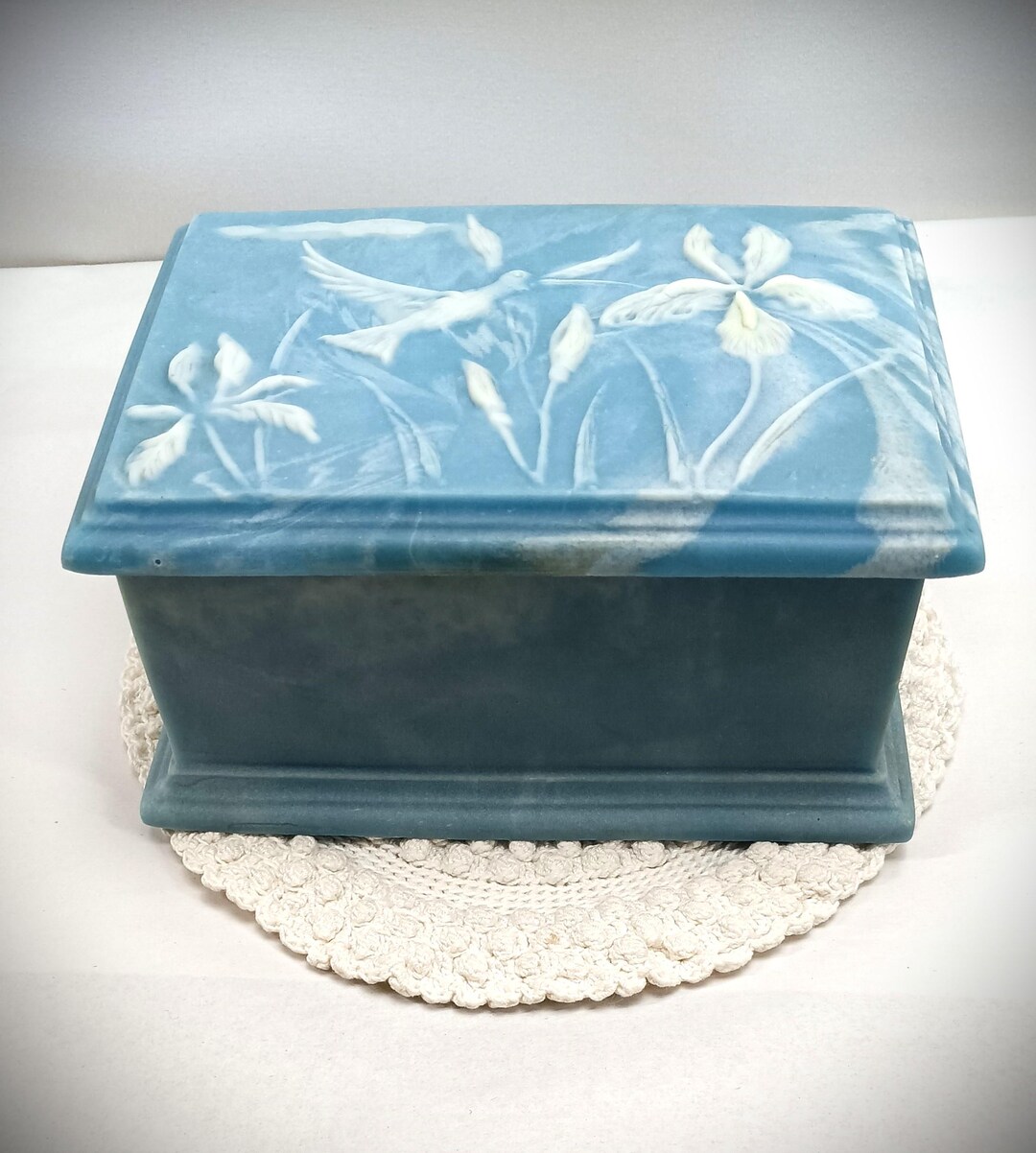 Incolay Trinket Box, Vintage From 1970s, Bird, Floral, Light Blue ...