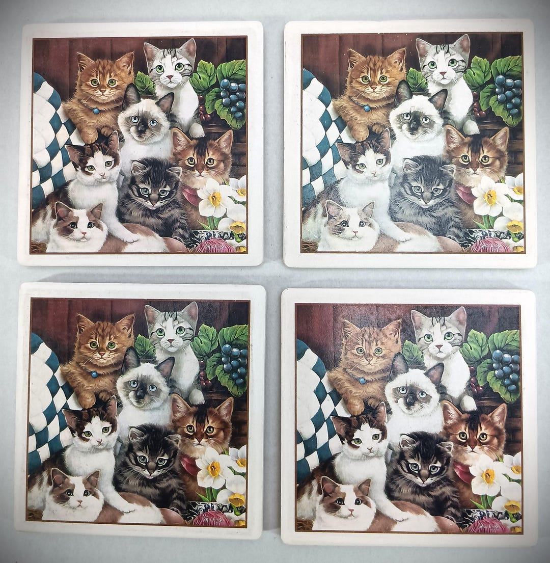 Tile Cat Kitties Coasters: Signed Cork Back - Etsy