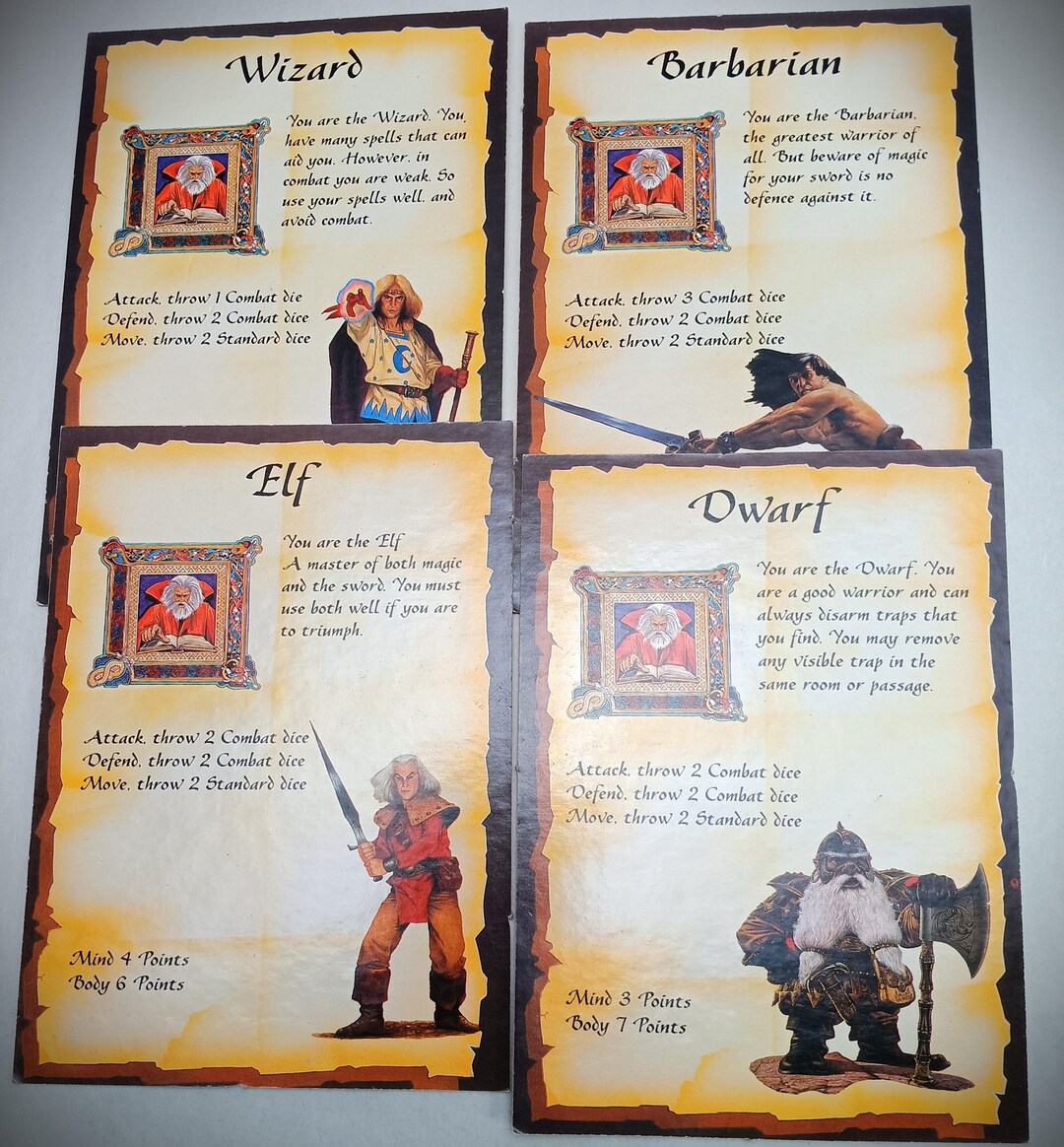 1989 Hero Quest 4 Large Cards, Dwarf, Barbarian, Wizard, Elf, Vintage ...