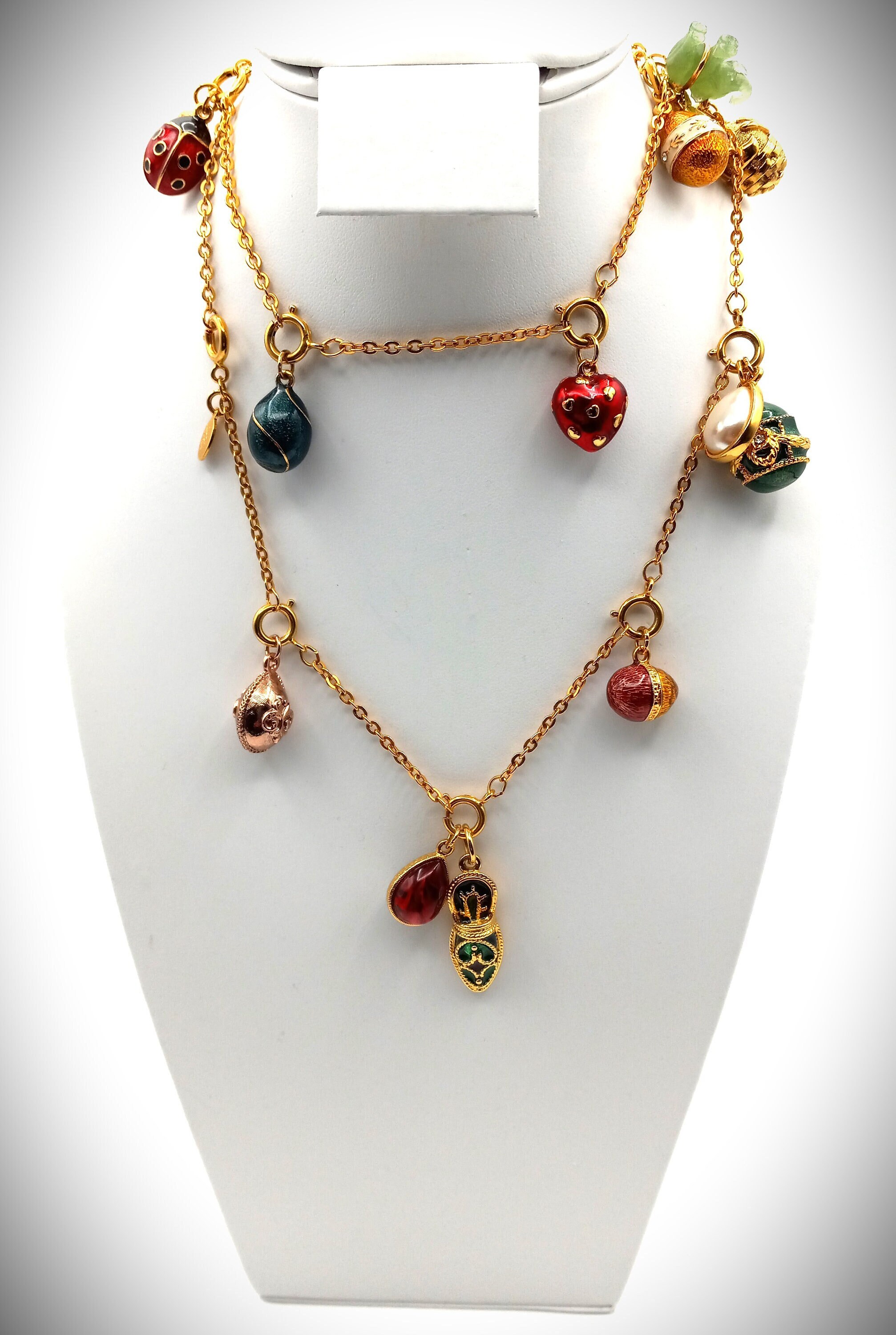 Joan Rivers 10 Faberge' Eggs & 6 Gold Tone Charms Necklace, Like New ...