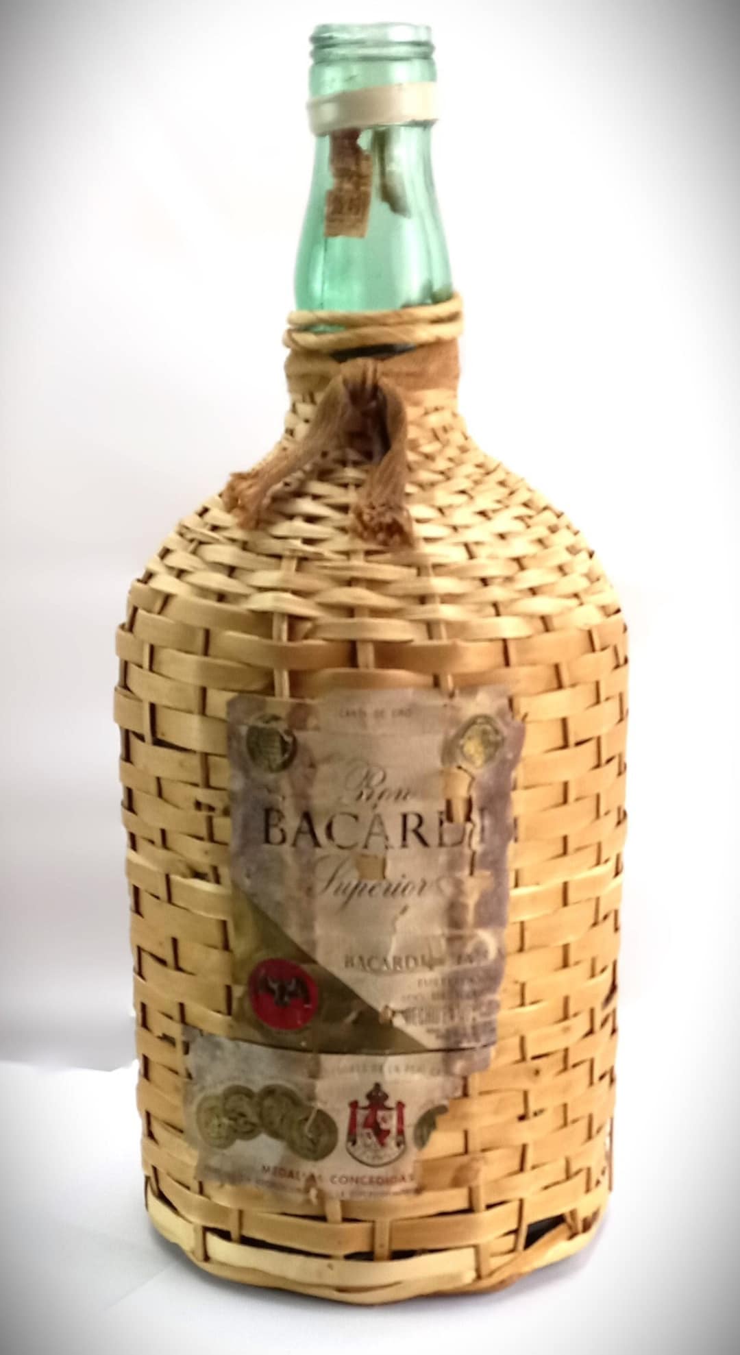 Huge Wicker/reed Wrapped Green Glass Bacardi Superior Rum Bottle - Etsy