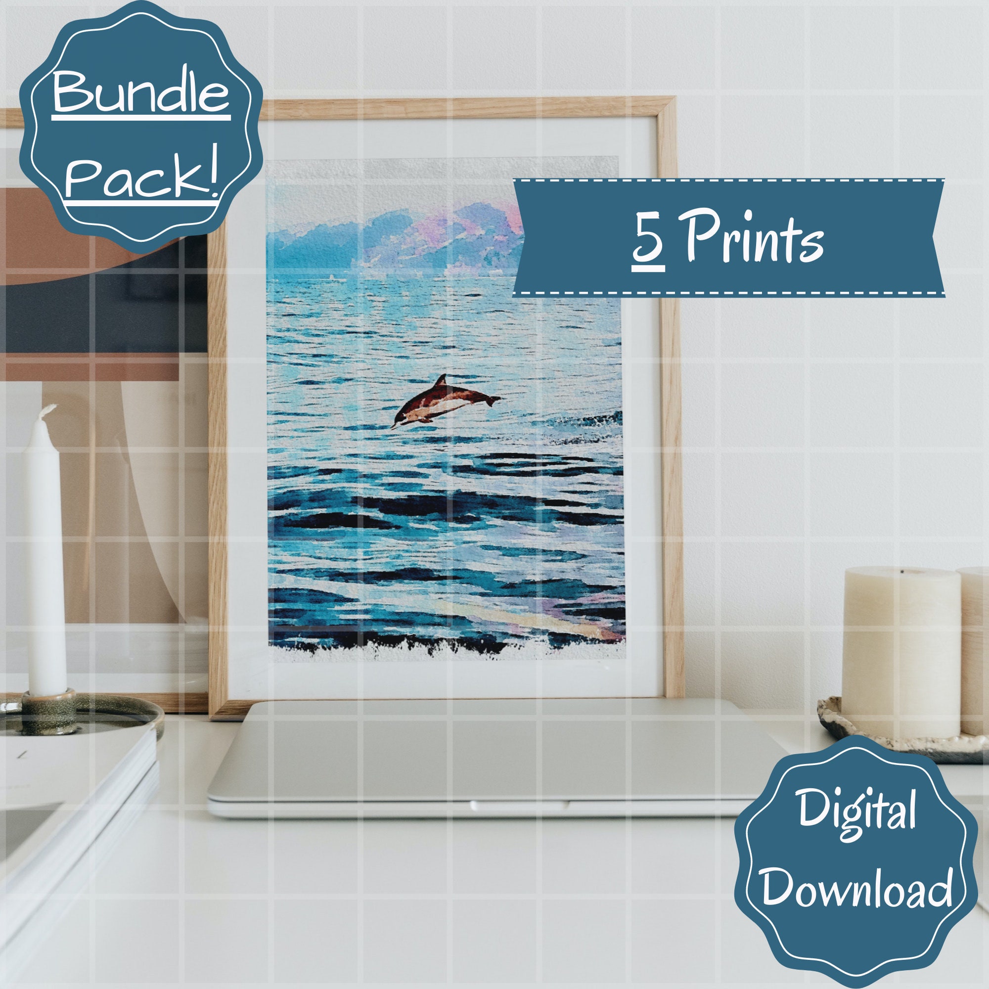 BUNDLE 5 PACK Marine Life Printable Wall Art Watercolor Instant ...