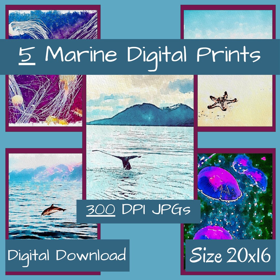 BUNDLE 5 PACK Marine Life Printable Wall Art Watercolor Instant ...