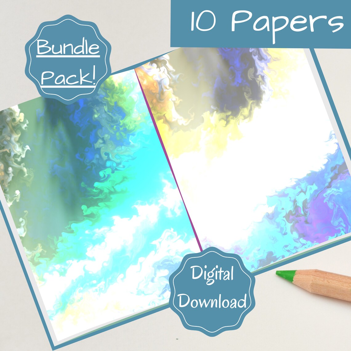 10 DIGITAL Papers FLUID ART Designs 300 D P I in Blue, Yellow, and More ...
