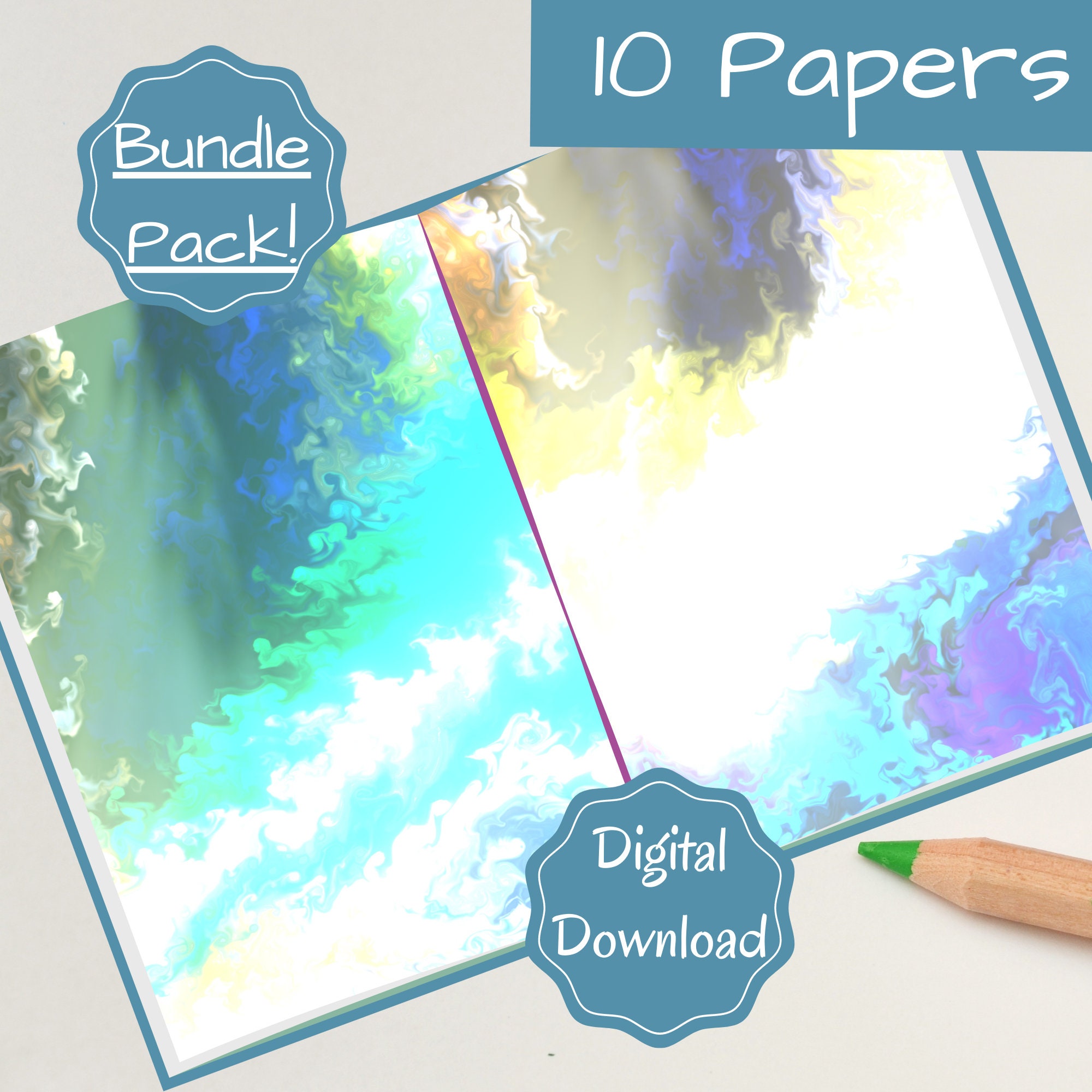 10 DIGITAL Papers FLUID ART Designs 300 D P I in Blue, Yellow, and More ...