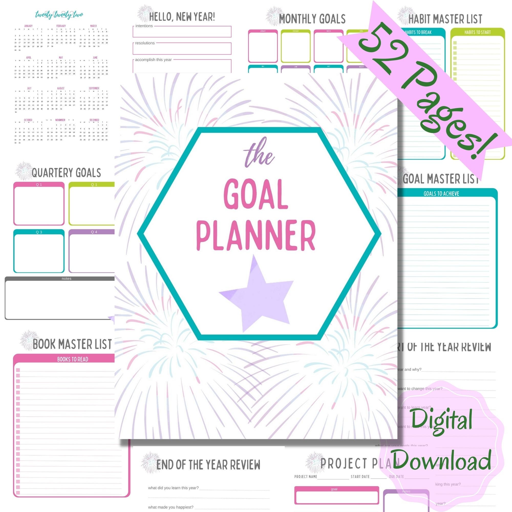 DIGITAL 2022 GOAL PLANNER Printable 52 Pages Bucket List, Daily ...