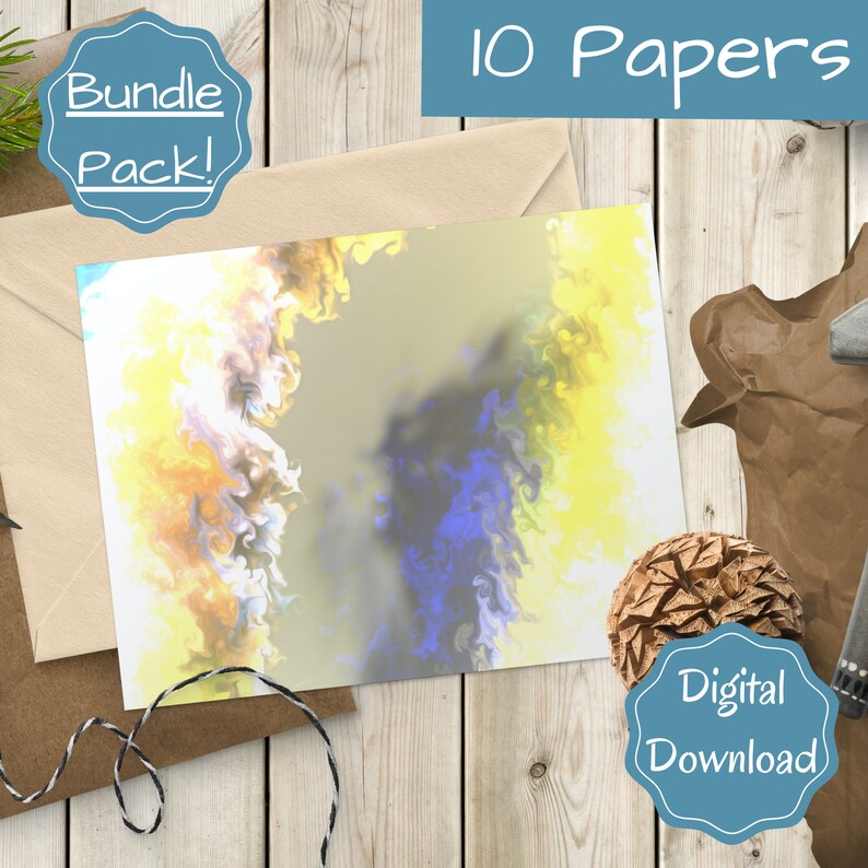 10 DIGITAL Papers FLUID ART Designs 300 D P I in Blue, Yellow, and More ...