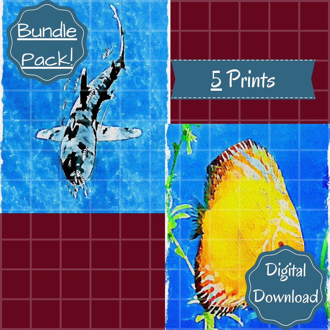 BUNDLE 5 PACK Marine Life Printable Wall Art Watercolor | Etsy