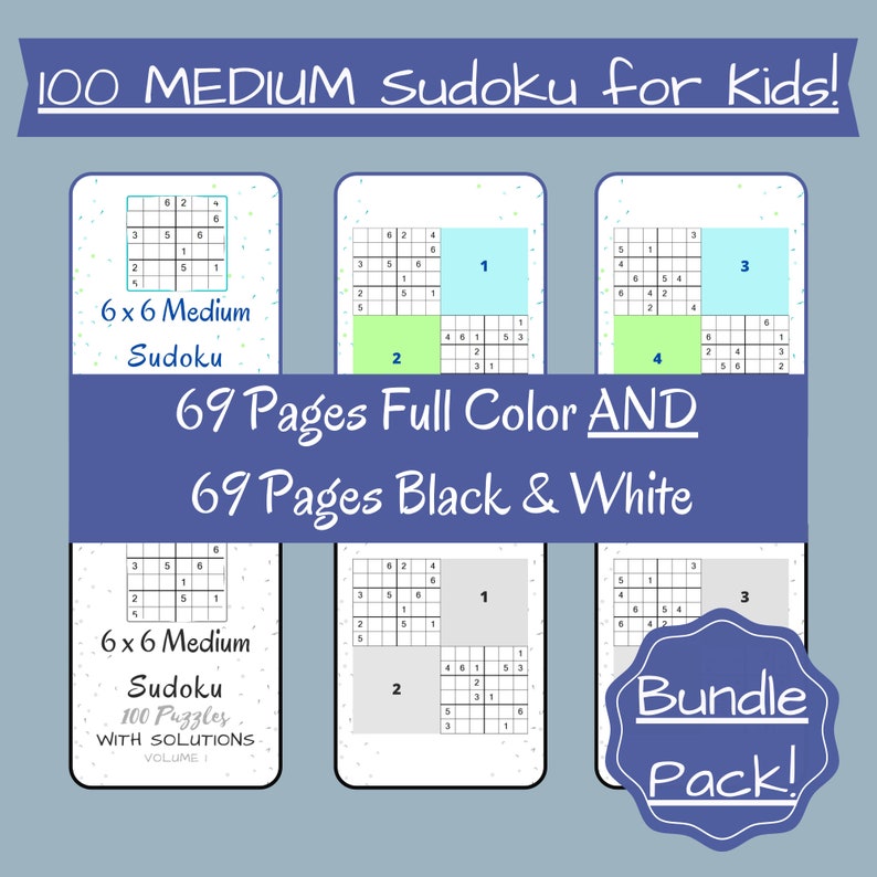 DIGITAL 100 6x6 MEDIUM SUDOKU for Kids Bundle, Sudoku Printable Pack ...
