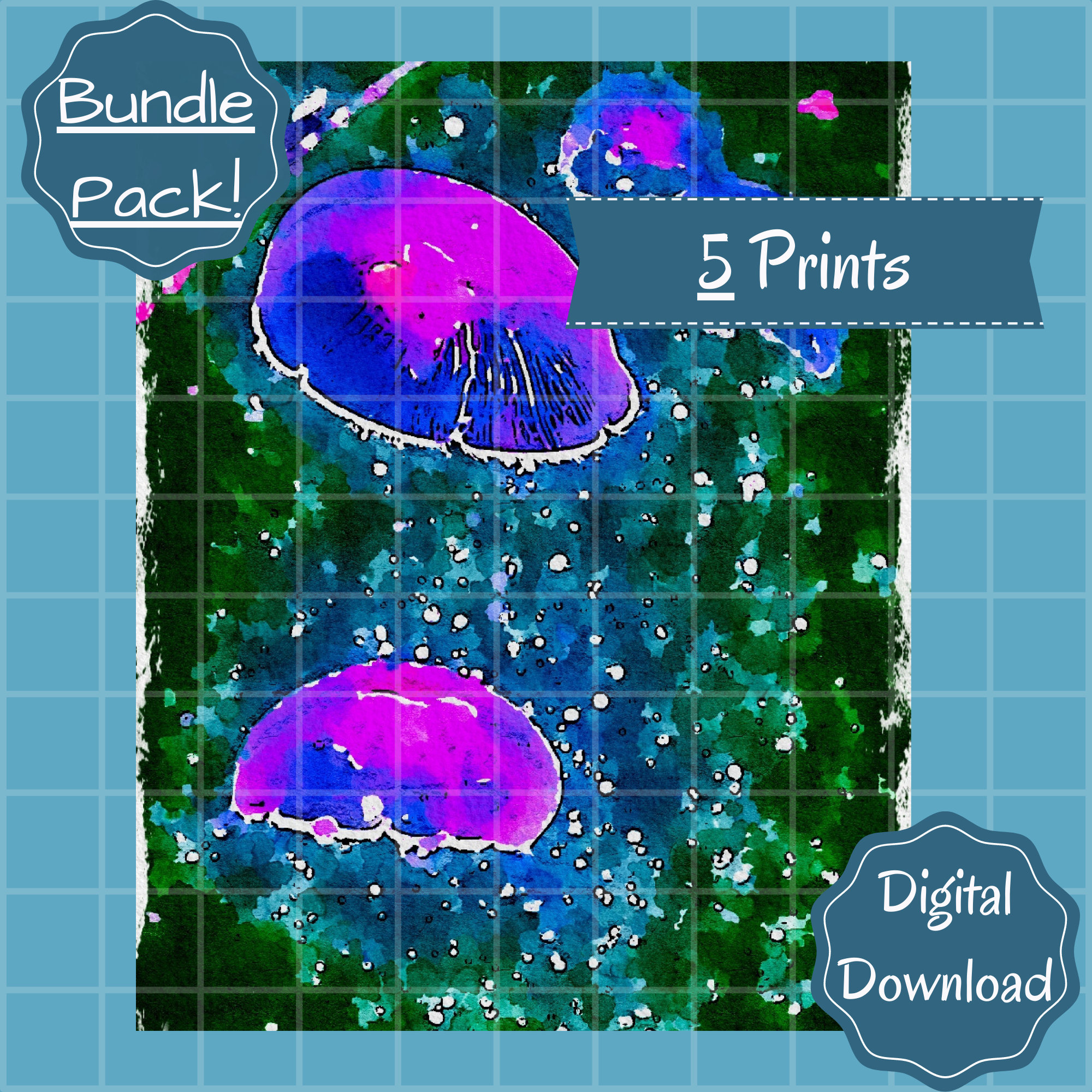 BUNDLE 5 PACK Marine Life Printable Wall Art Watercolor Instant ...