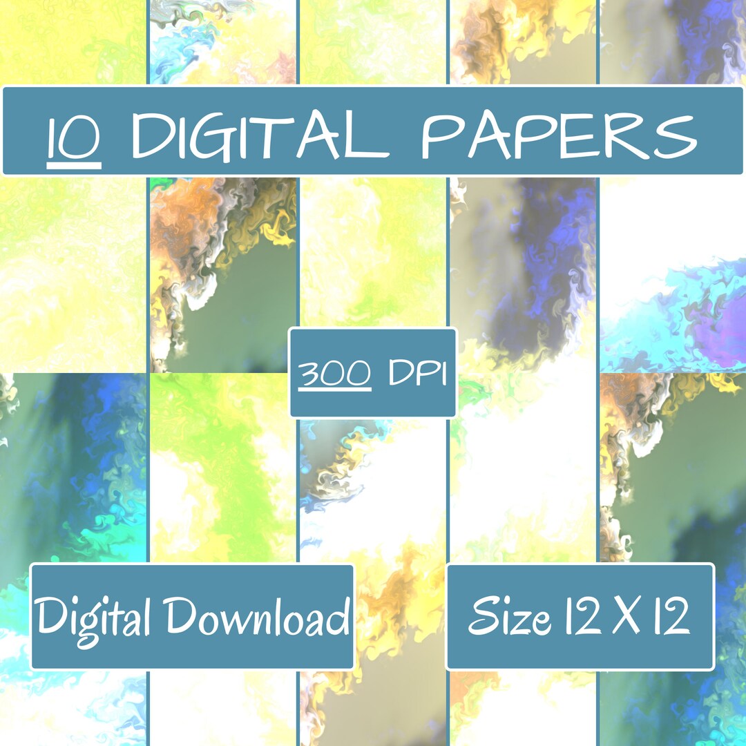10 DIGITAL Papers FLUID ART Designs 300 D P I in Blue, Yellow, and More ...