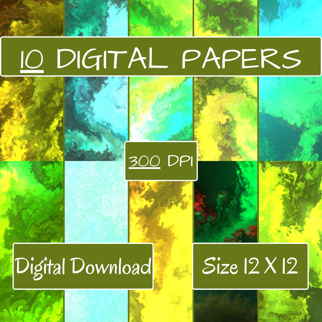10 DIGITAL Papers FLUID ART Designs 300 D P I in Blue, Green, and More ...