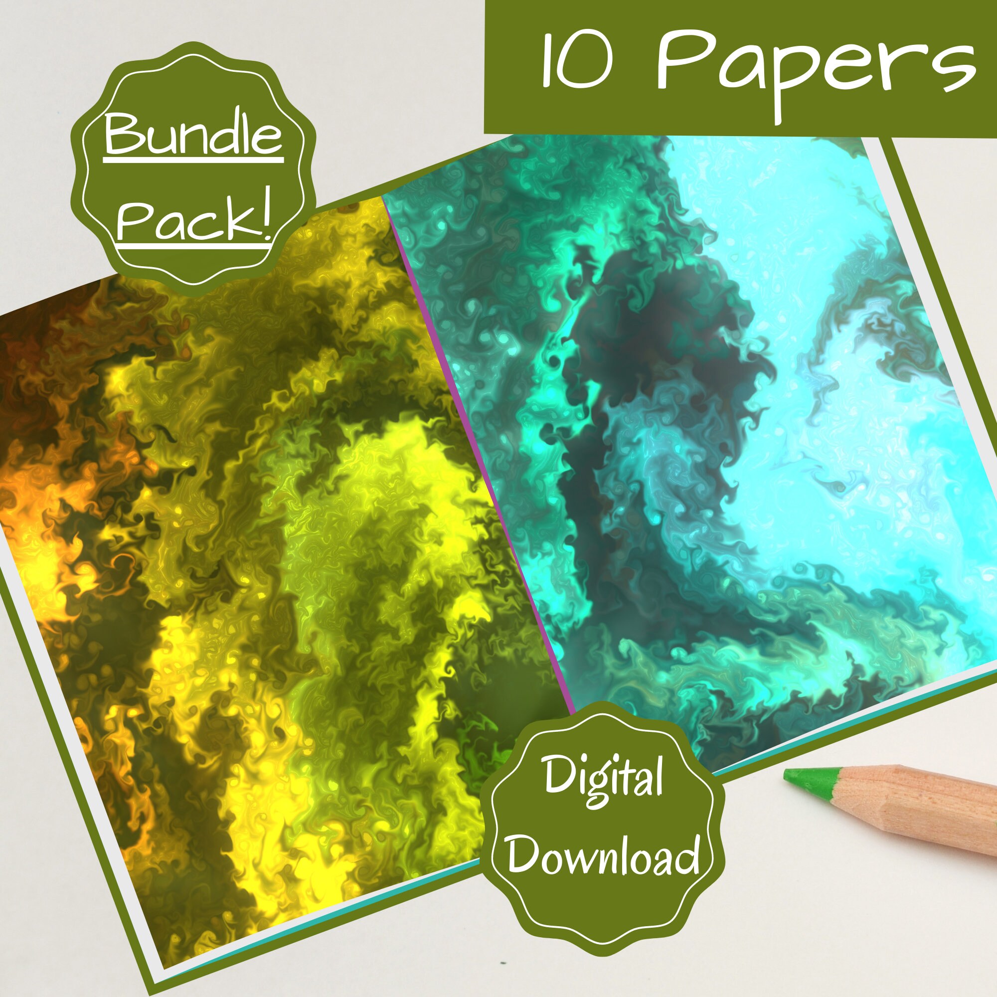 10 DIGITAL Papers FLUID ART Designs 300 D P I in Blue, Green, and More ...