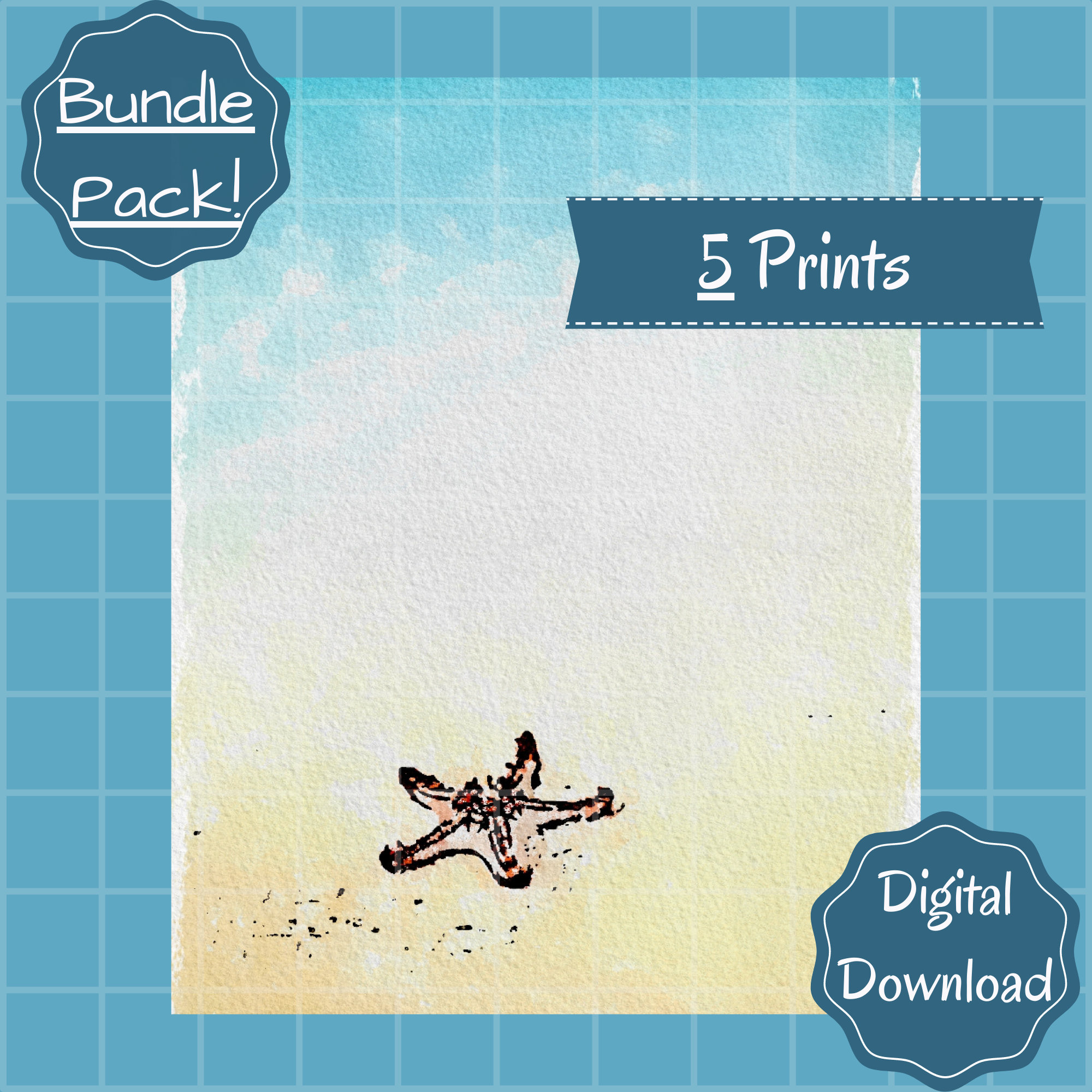 BUNDLE 5 PACK Marine Life Printable Wall Art Watercolor Instant ...