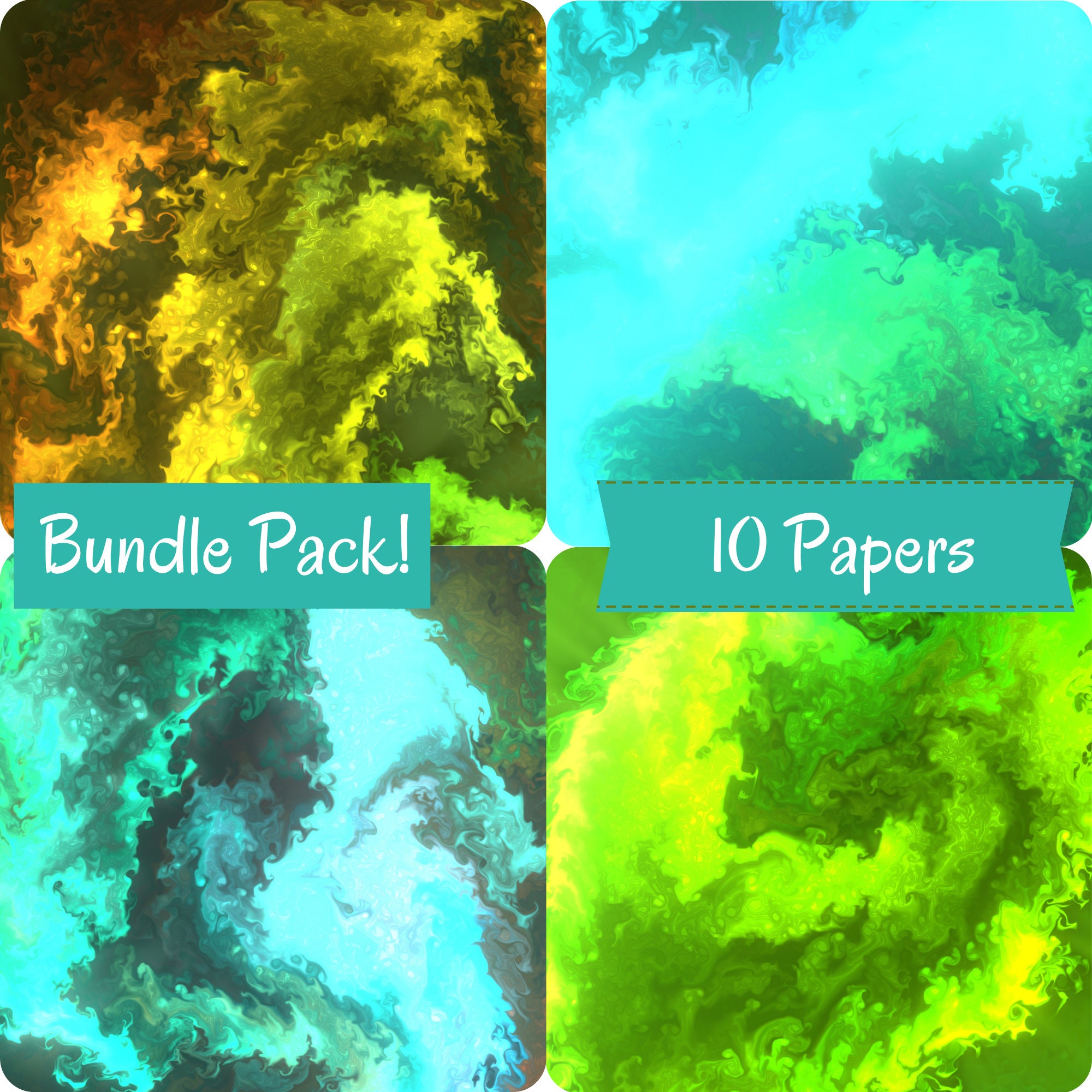 10 DIGITAL Papers FLUID ART Designs 300 D P I in Blue, Green, and More ...