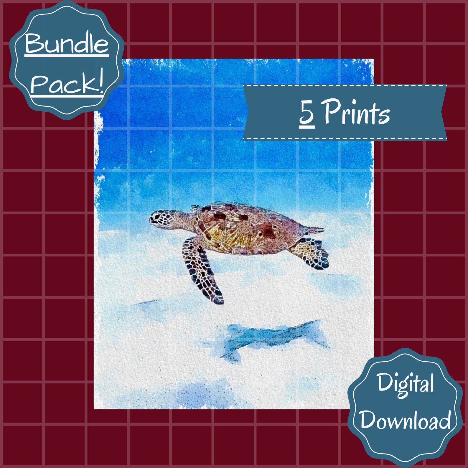 BUNDLE 5 PACK Marine Life Printable Wall Art Watercolor | Etsy