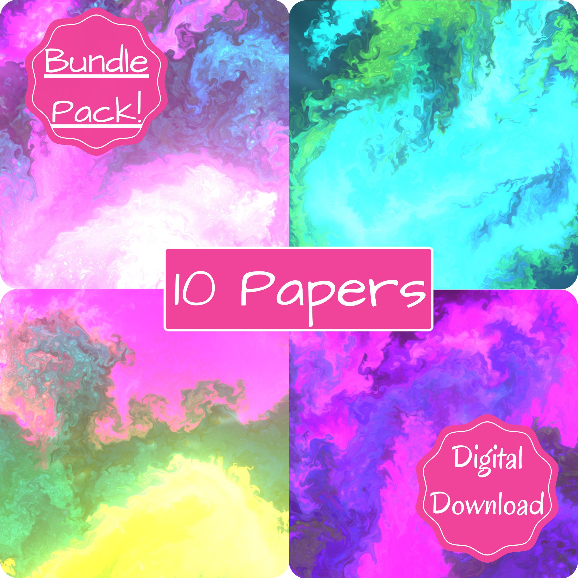 10 DIGITAL Papers FLUID ART Designs 300 D P I in Pink, Purple, and More ...