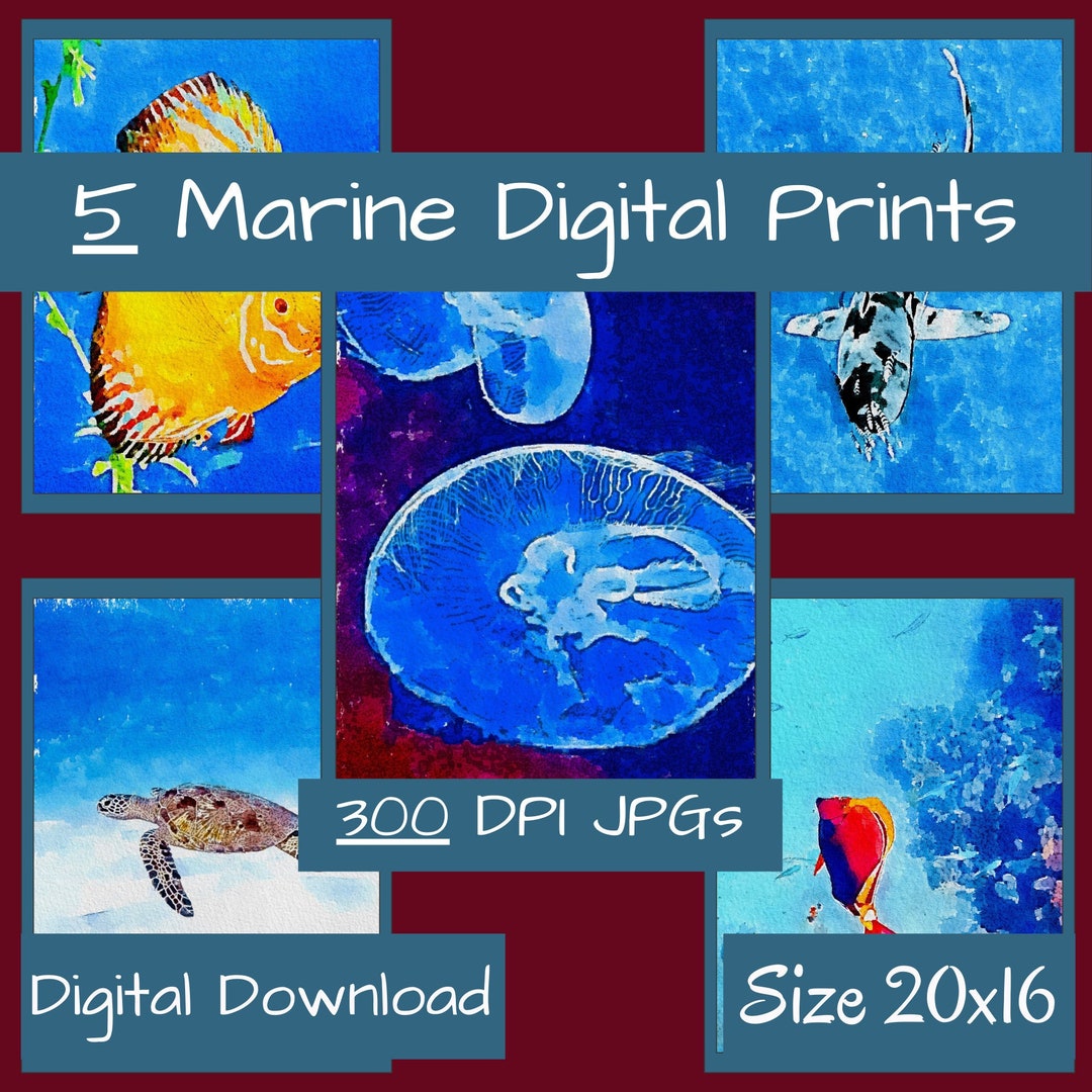 BUNDLE 5 PACK Marine Life Printable Wall Art Watercolor Instant ...