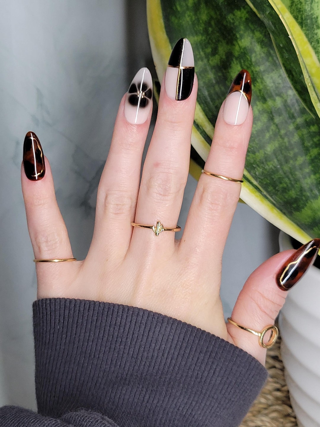 Tortoise Shell and Black Abstract Chrome Press on Nails | Custom Sized ...