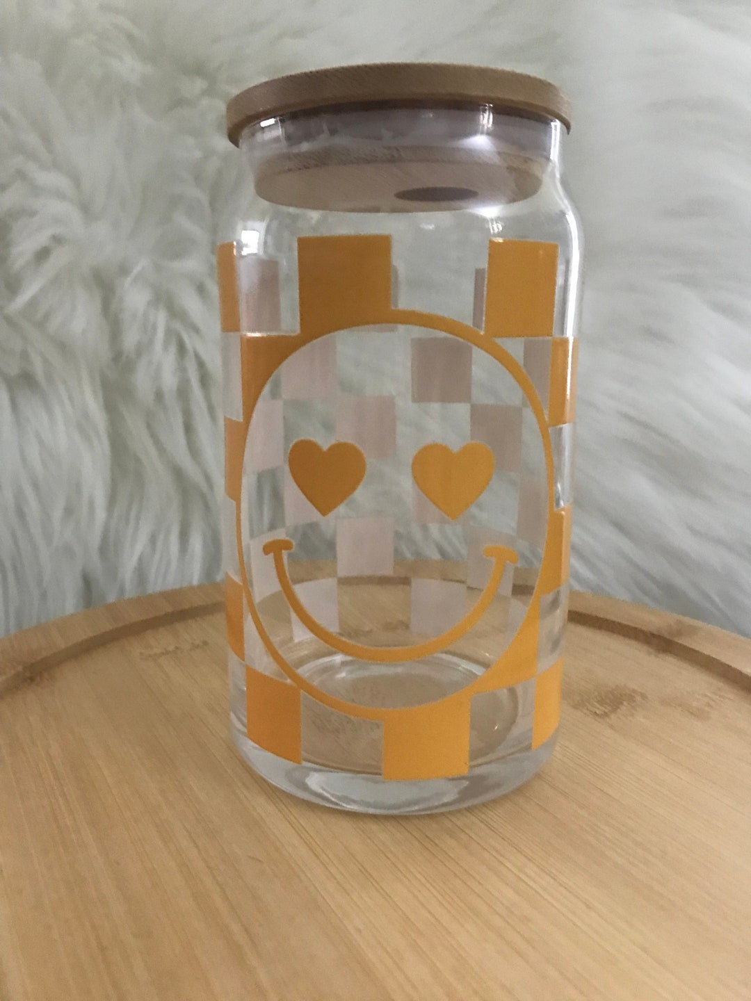 Checker’d Iced Coffee Cup, Glass Can, Coffee Lovers, Yellow Checkered ...