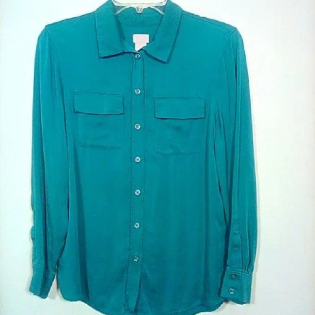 Chicos Sandwash Satin Shirt Top U.S Size: 1 8/10 Fanfare Green Pockets ...