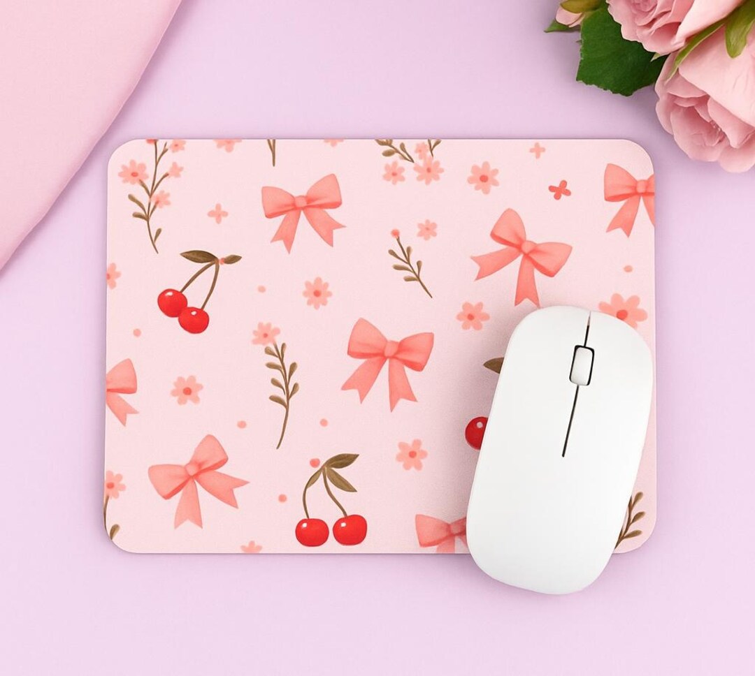 Cute Pink Cherry & Bow Mouse Pad, Girly Office Decor, Kawaii Mousepad ...