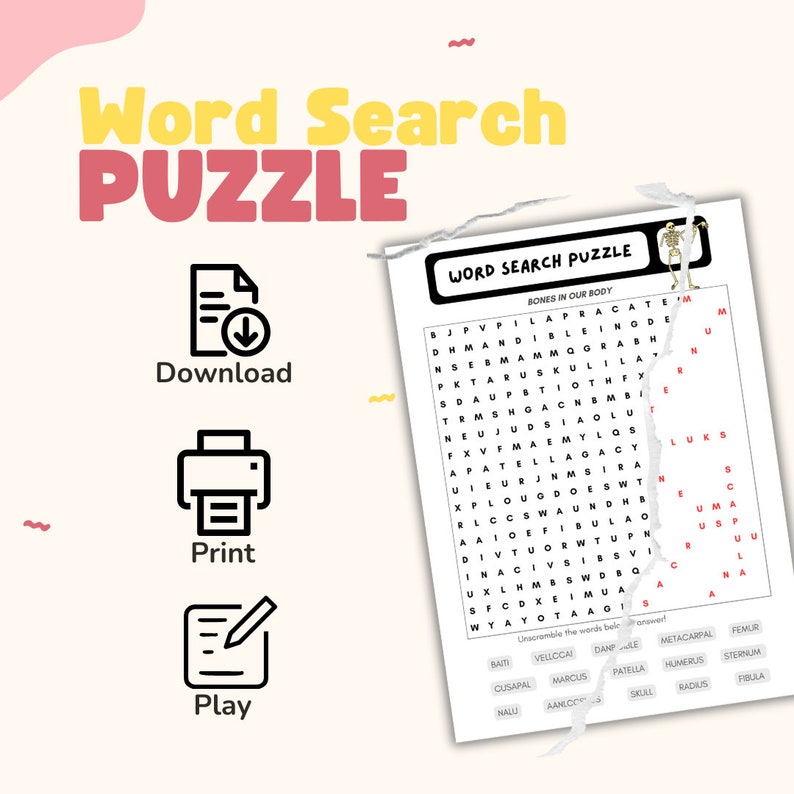Printable Human Bones Word Search Puzzle Bones in Our Body Educational ...