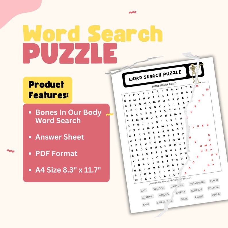 Printable Human Bones Word Search Puzzle Bones in Our Body Educational ...