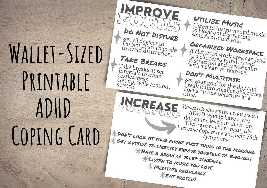 Printable ADHD Coping Skills Card, Wallet Sized, Therapist Printable ...