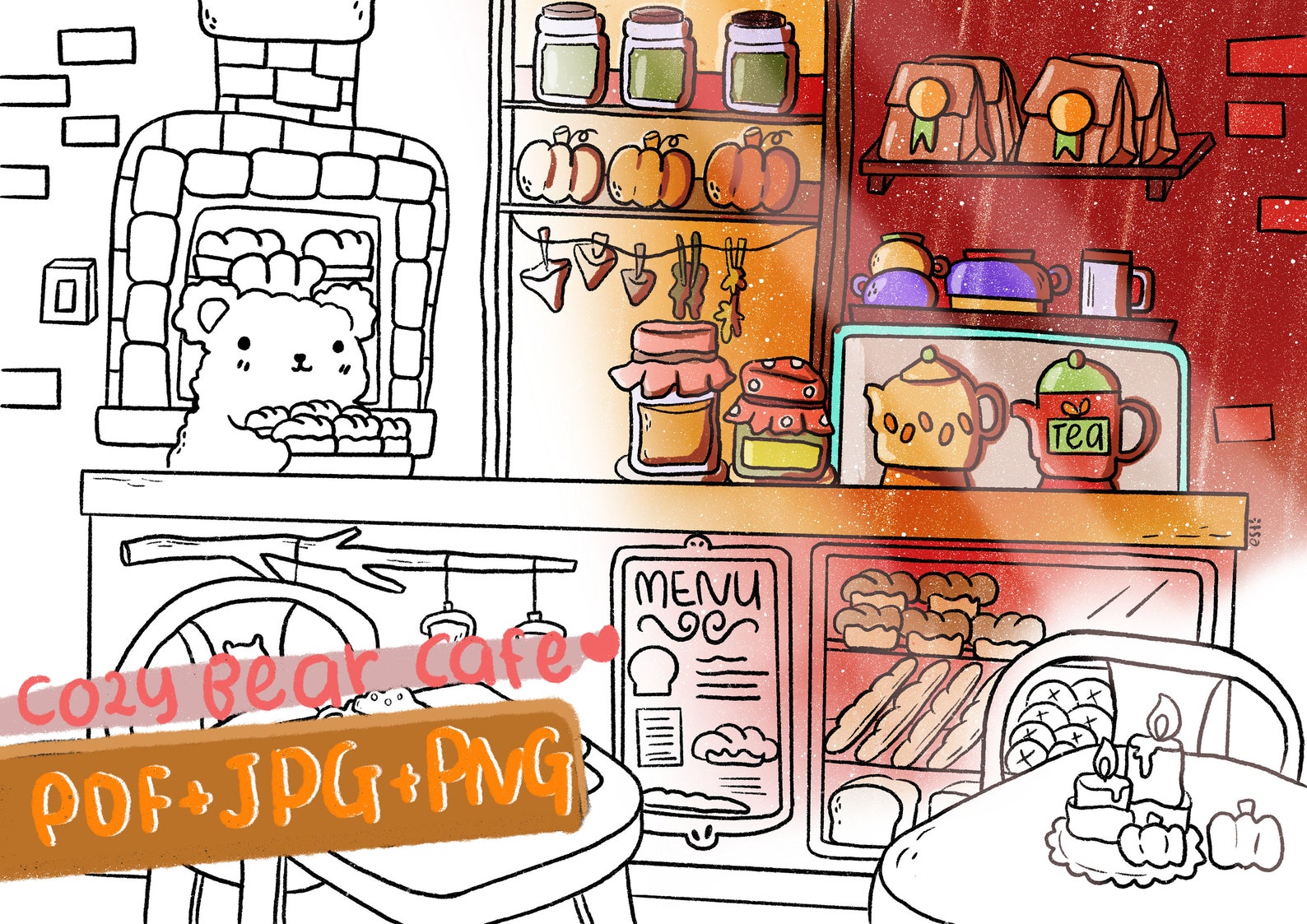 Adult Coloring Page : Cozy Bear Cafe - Etsy