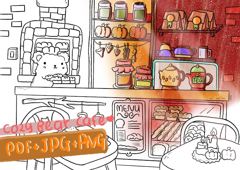 Adult Coloring Page : Cozy Bear Cafe - Etsy