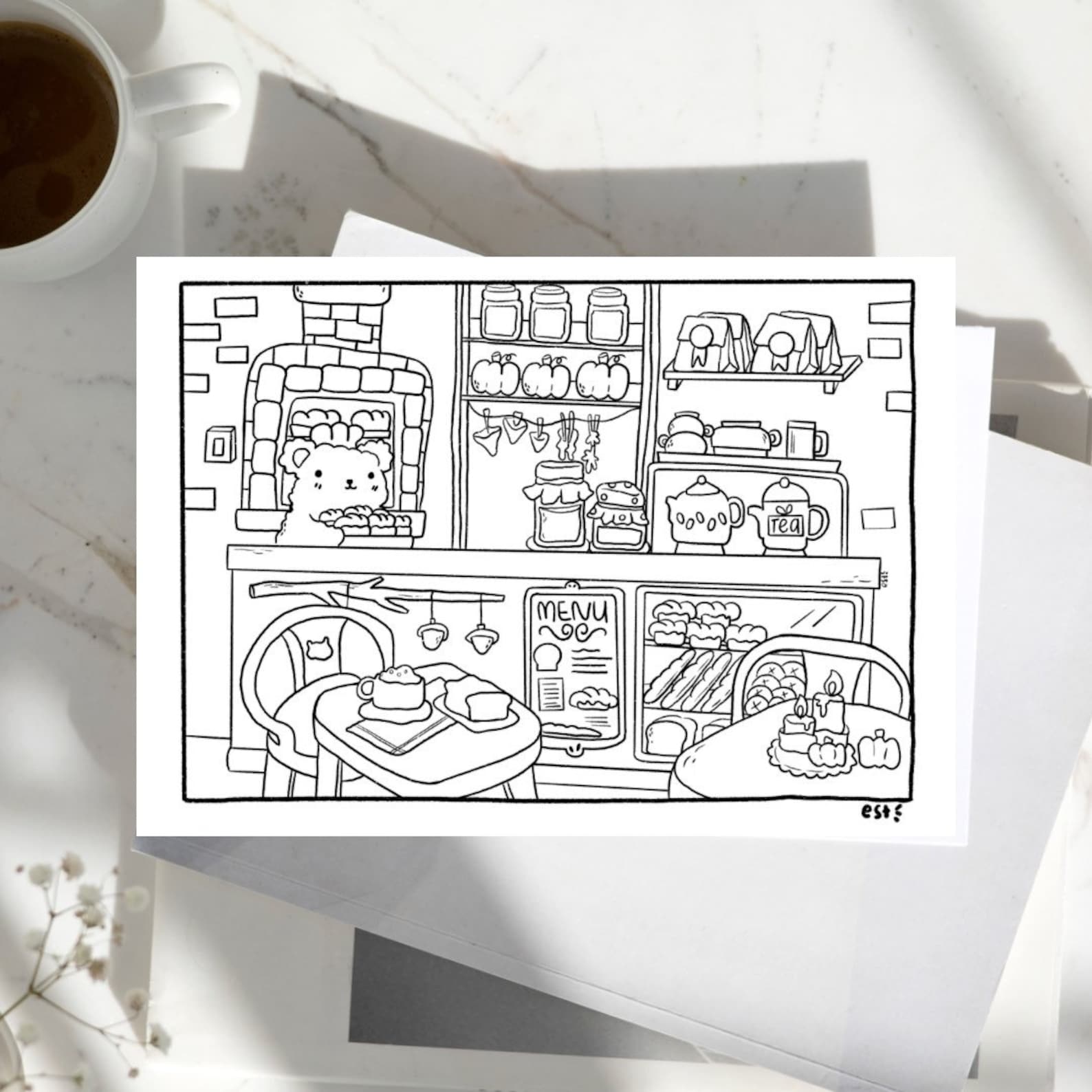 Adult Coloring Page : Cozy Bear Cafe - Etsy